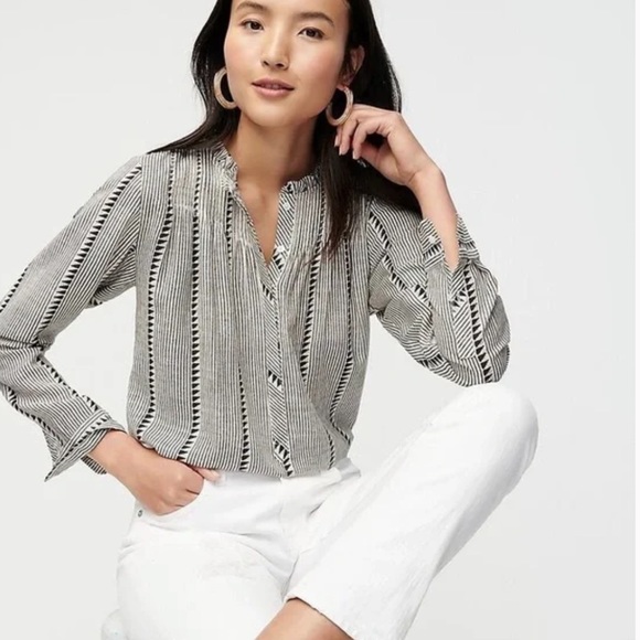 J. Crew | Tops | J Crew Ruffle Neck Classic Popover In Shadow Stripe ...